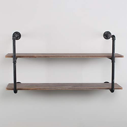 Womio Industrial Pipe Shelving Wall Mounted,Rustic Metal Floating Shelves,Steampunk Real Wood Book Shelves,Wall Shelf Unit Bookshelf Hanging Wall Shelves,Farmhouse Kitchen Bar Shelving(2 Tier,44in)