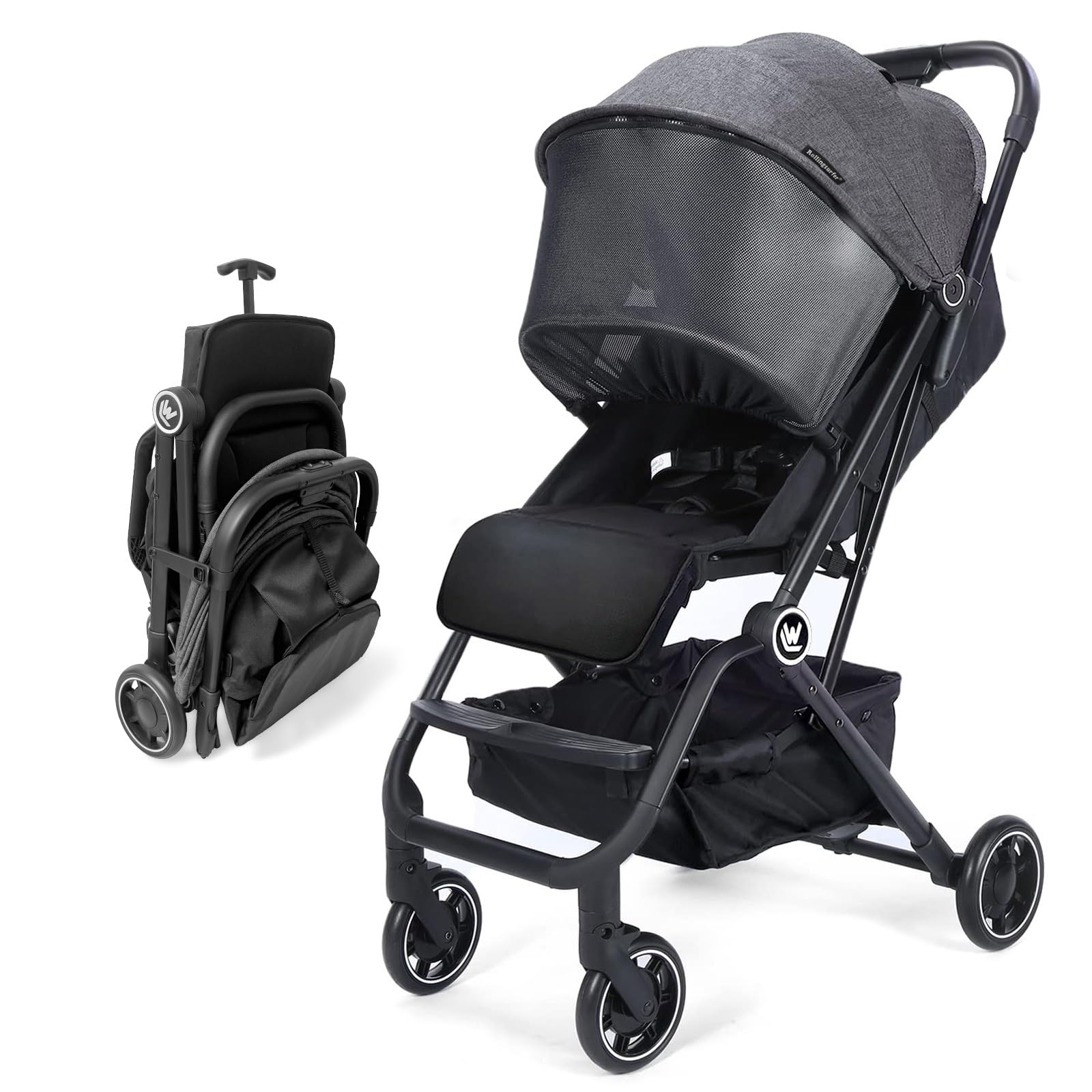 Rollingsurfer Lightweight Baby Stroller, Compact Travel Stroller with Sleep Shade, Oversize Basket, One Hand Easy Foldable Stroller for Airplane Travel and More