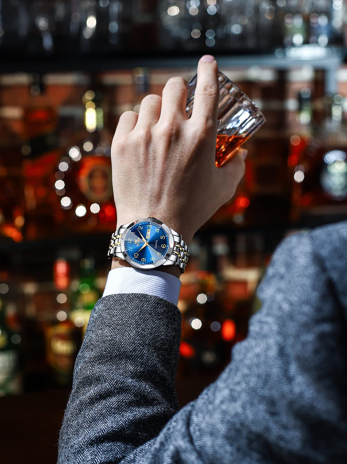 OLEVS Blue Watch for Men Luxury Dress Analog Quartz Silver Stainless Steel Waterproof Luminous Date Diamond Business Two Tone Casual Wrist Watch
