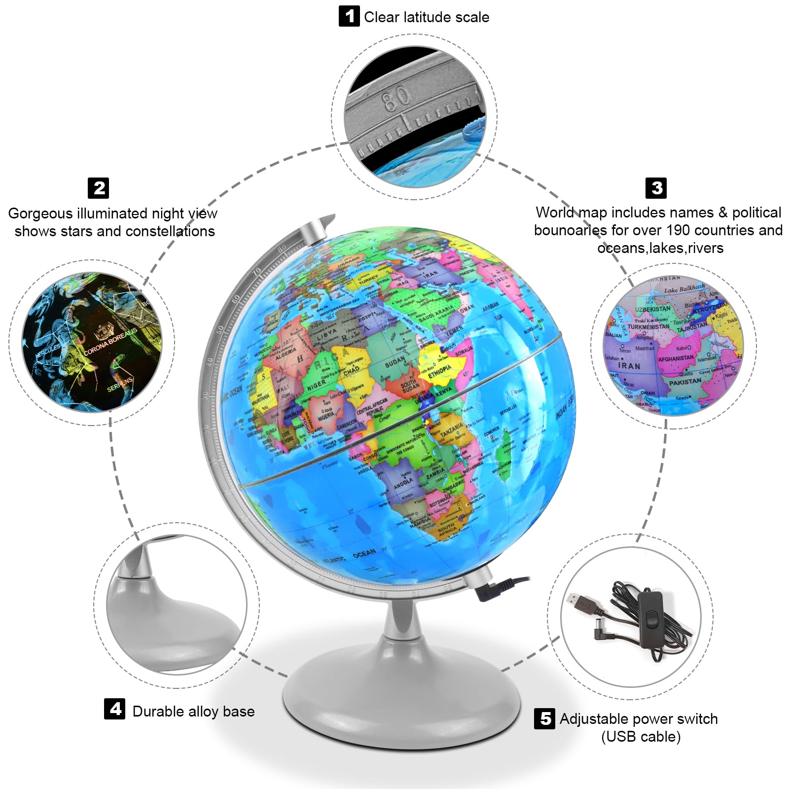 Illuminated World Globe, DIY Self-Assembly Stem Globe for Kids Learning 8 Inch Metal Bracket Constellation Earth globe for children 360° Rotating Educational World Globes for Kids