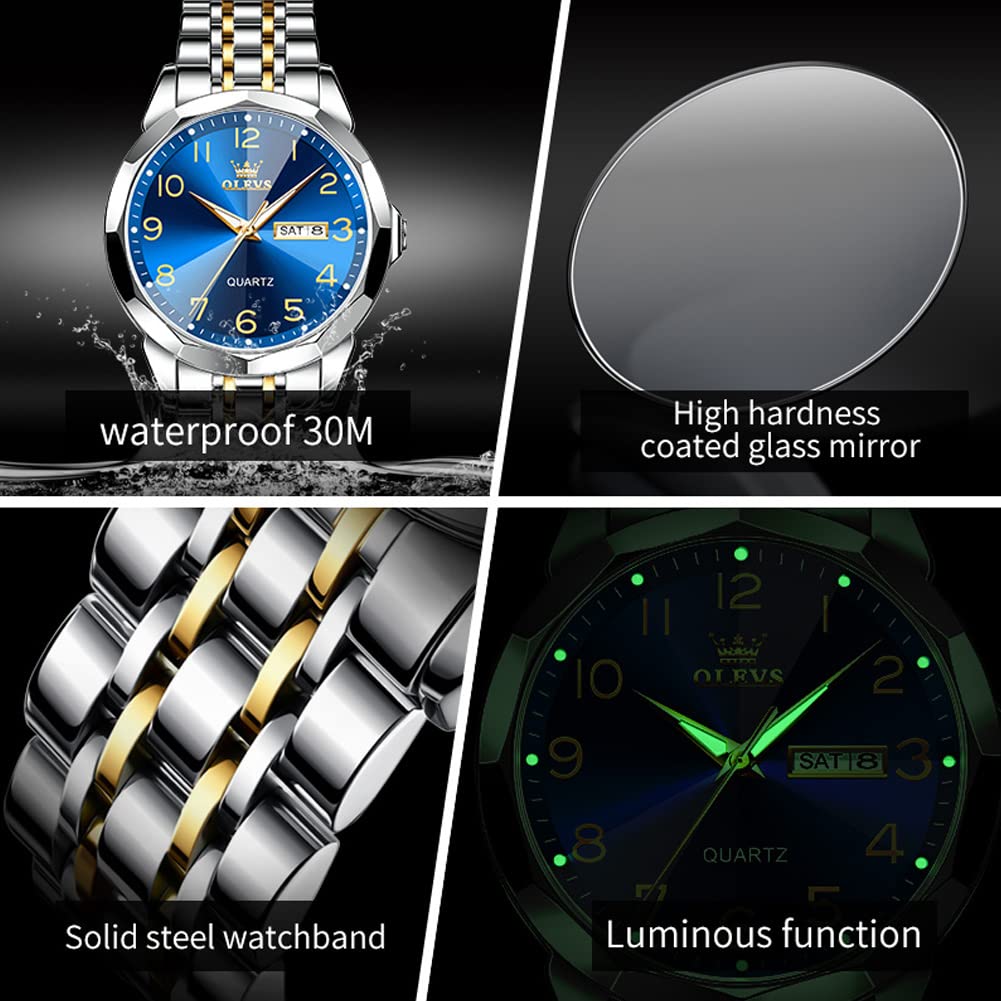 OLEVS Blue Watch for Men Luxury Dress Analog Quartz Silver Stainless Steel Waterproof Luminous Date Diamond Business Two Tone Casual Wrist Watch