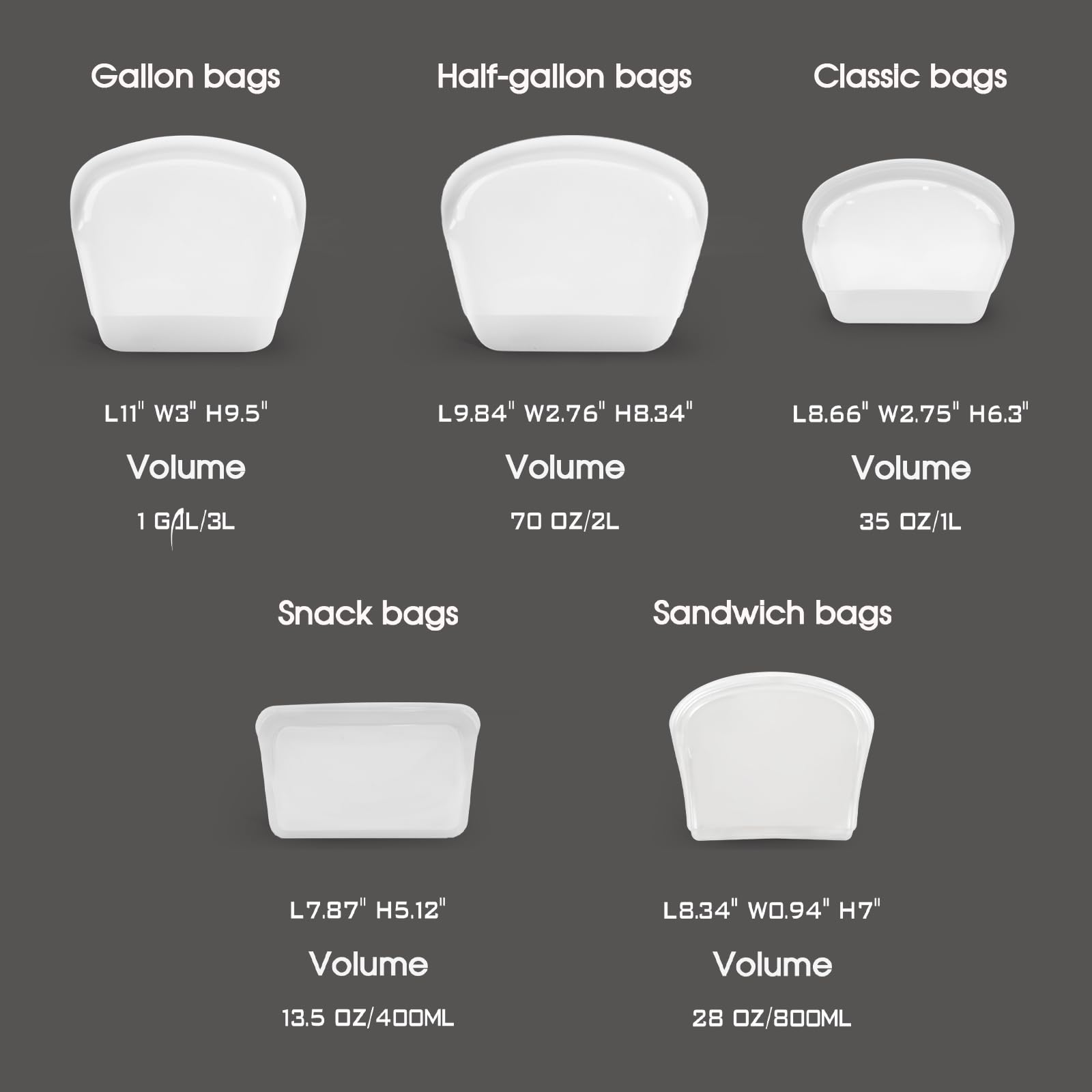 KVK Platinum Silicone Reusable Storage Bags - 5 Pack Food Meal Prep Container for Lunch, Travel, Makeup Bag - Oven Dishwasher Freezer Safe - Clear
