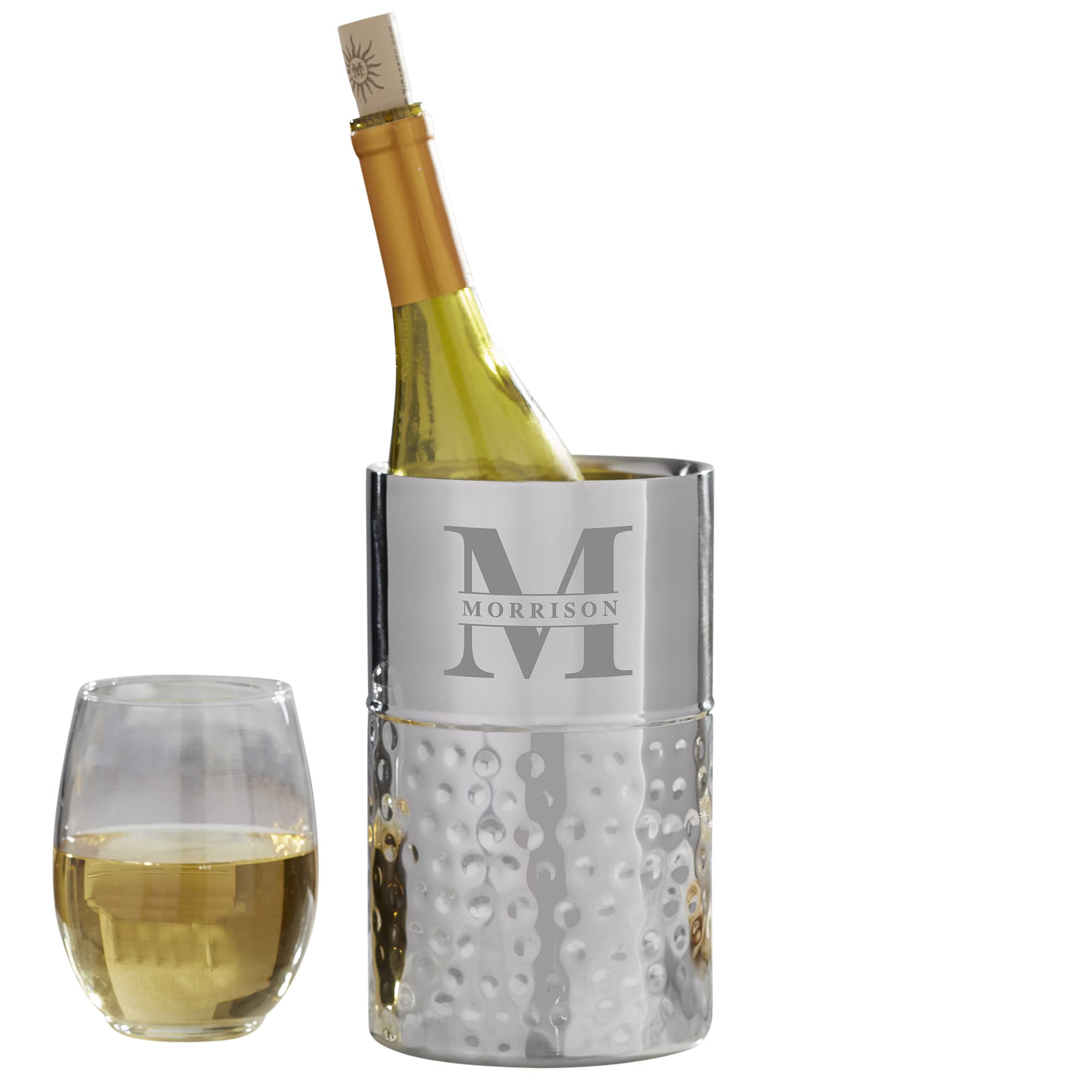 Personalization Universe Lavish Last Name Personalized Wine Chiller - Custom Engraved, Double-Walled Insulated, Stainless Steel Wine Cooler with Hand-Hammered Detail, Ideal for Wine Lovers
