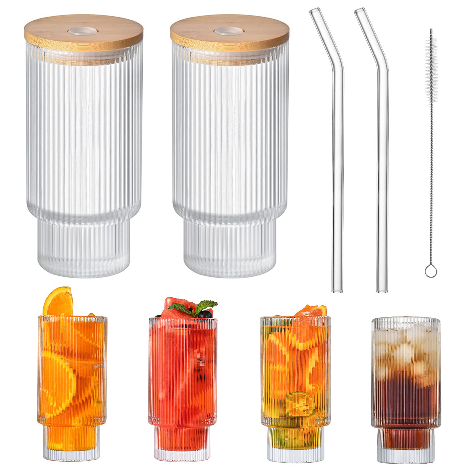 Glass Cups with Silicone Sleeve Bamboo Lid 12 oz Reusable Wide Mouth Mason Jar with Glass Straw for Car Cup Holder,Party or Travel for Smoothie, Iced Coffee, Large Pearl, Juice, Dishwasher Safe