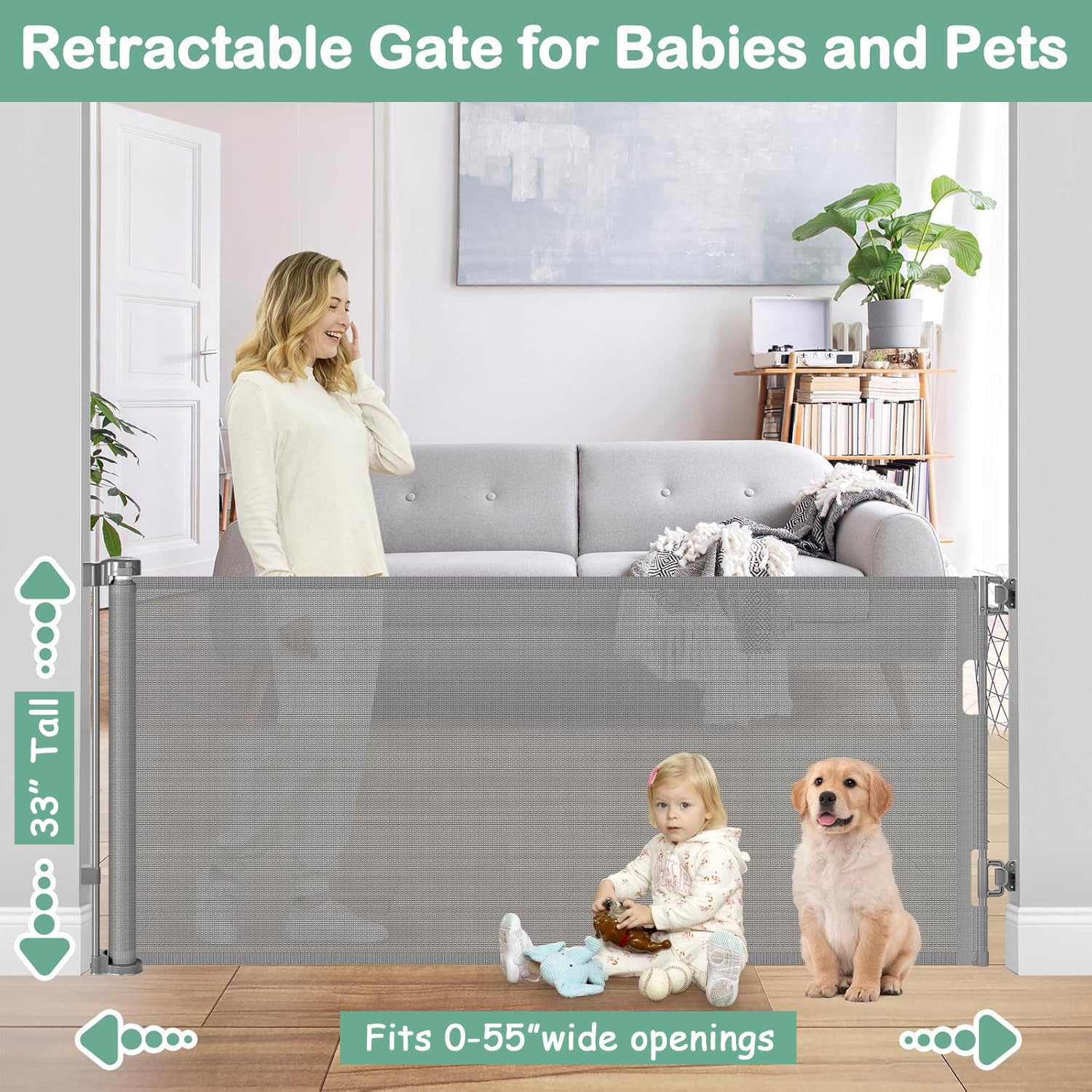 55 Inch Retractable Dog Gate Mesh Dog Gate Retractable Baby Gates for Stairs Outdoor Deck Gate Retractable Pet Gate for Dogs Indoor Toddler Gate Retractable Outdoor Gates for Deck Mesh Pet Gate (Gray)