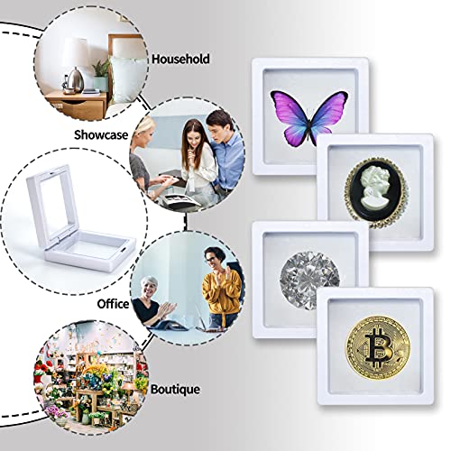 KMOTASUO 12Pcs 3D Floating Thin Film Jewelry Storage Box, Transparent Frame Display Case Holder for Necklace Bracelet Earring, Dustproof Challenge Coin Medallion Display Case Stand (White)