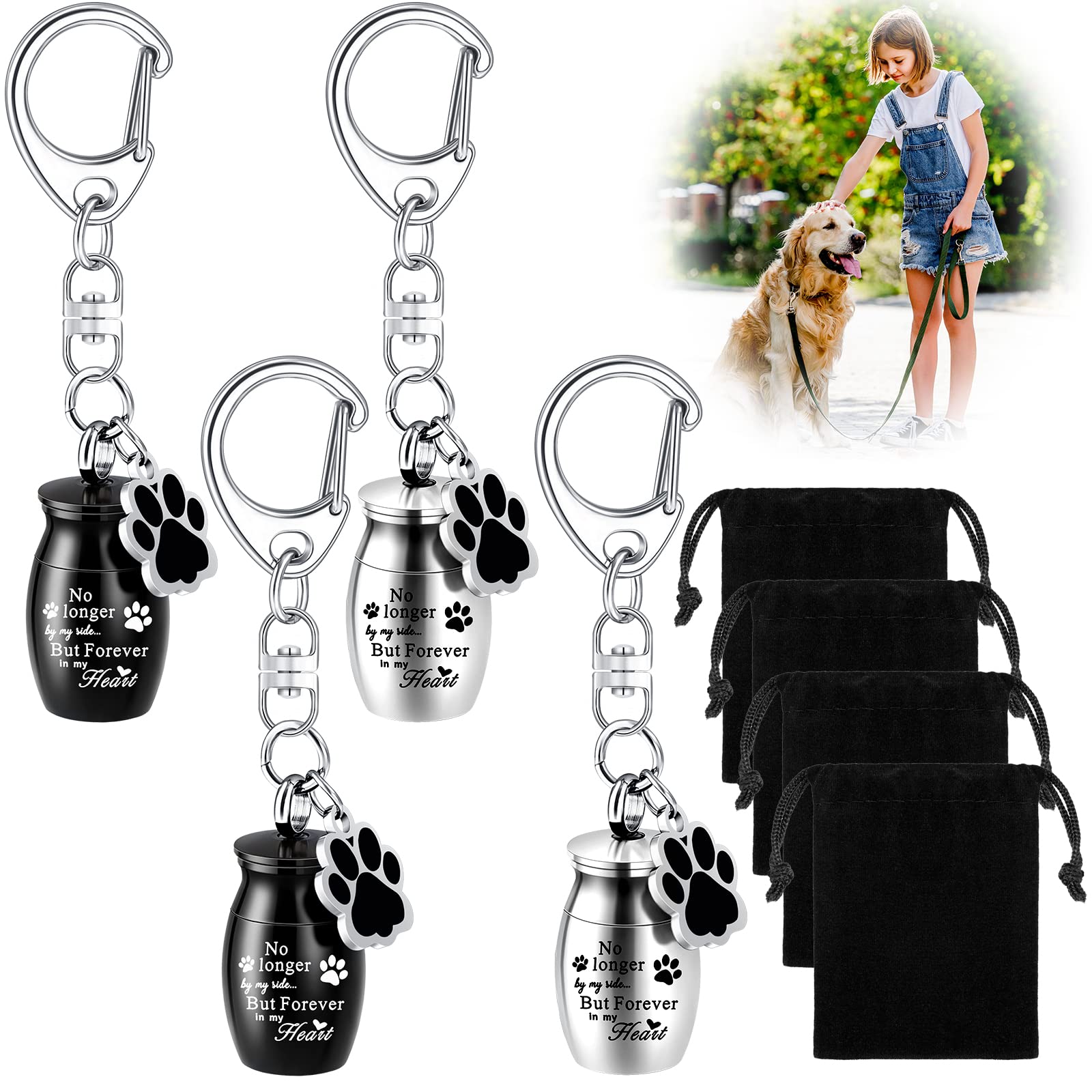 Sasylvia 4 Pcs Pet Urns Keychain Pet Ashes Keychain Dogs Keepsake Cremation Jewelry Stainless Steel Dog Paw Charm Ashes Holder with 4 Storage Bags for Cats Memorial