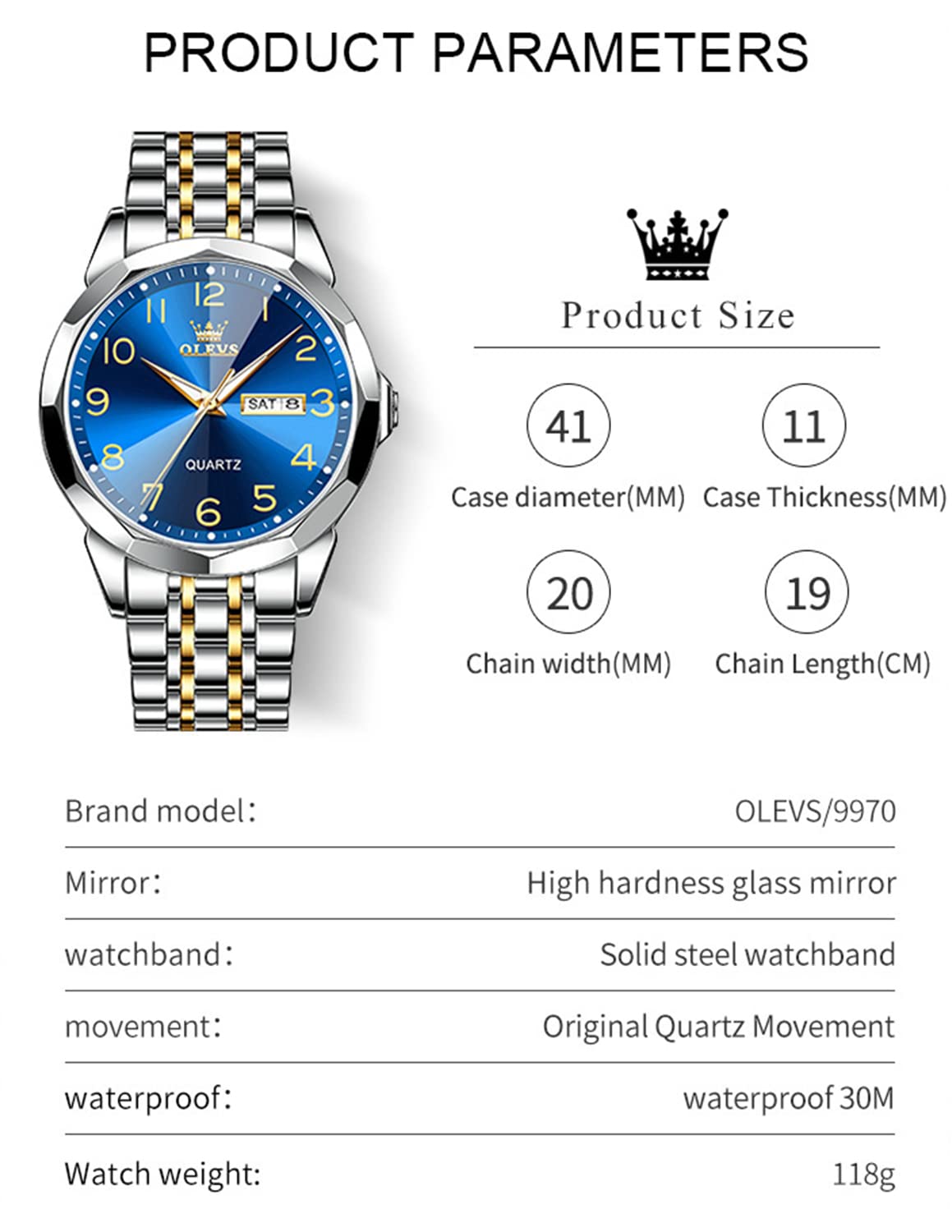 OLEVS Blue Watch for Men Luxury Dress Analog Quartz Silver Stainless Steel Waterproof Luminous Date Diamond Business Two Tone Casual Wrist Watch