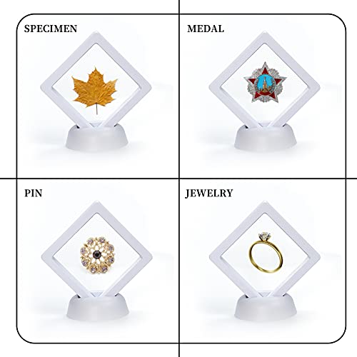 KMOTASUO 12Pcs 3D Floating Thin Film Jewelry Storage Box, Transparent Frame Display Case Holder for Necklace Bracelet Earring, Dustproof Challenge Coin Medallion Display Case Stand (White)