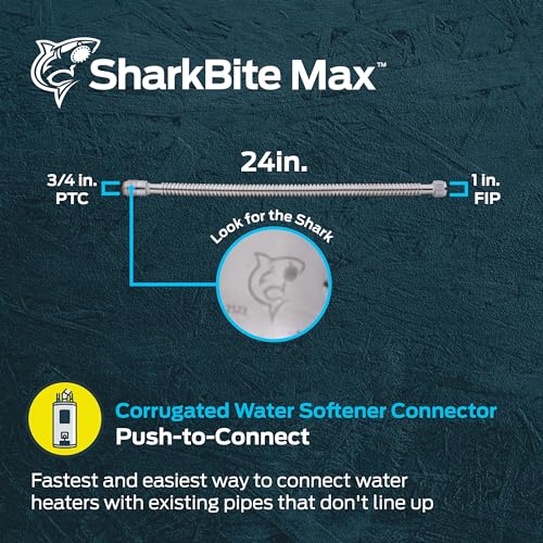 SharkBite Max 3/4 Inch x 1 Inch FIP x 24 Inch Stainless Steel Corrugated Flexible Water Softener Connector, Push to Connect Brass Plumbing Fitting, PEX Pipe, Copper, CPVC, PE-RT, HDPE, URSS3086FX24