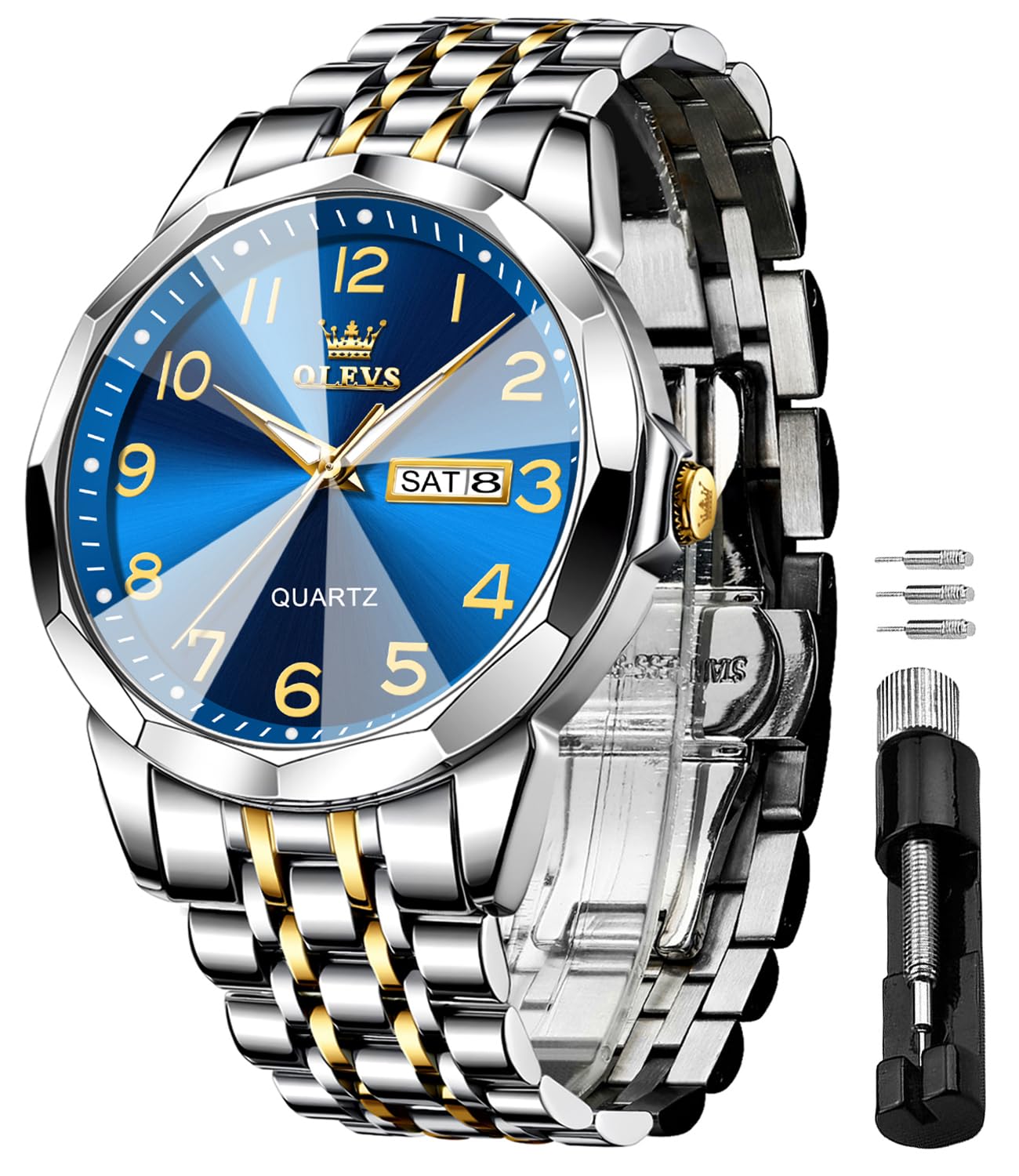 OLEVS Blue Watch for Men Luxury Dress Analog Quartz Silver Stainless Steel Waterproof Luminous Date Diamond Business Two Tone Casual Wrist Watch