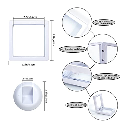 KMOTASUO 12Pcs 3D Floating Thin Film Jewelry Storage Box, Transparent Frame Display Case Holder for Necklace Bracelet Earring, Dustproof Challenge Coin Medallion Display Case Stand (White)