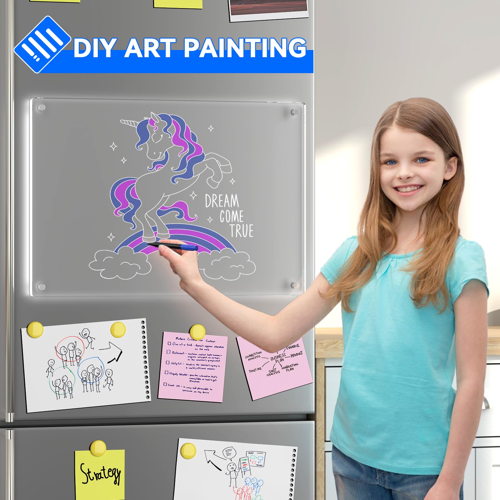 Polegas Acrylic Magnetic Dry Erase Board for Fridge, 12"X16" Clear Magnet Refrigerator Whiteboard, Small Memo White Erase Board, Blank Erasable Noteboard for Menu Meal Planner to Do List