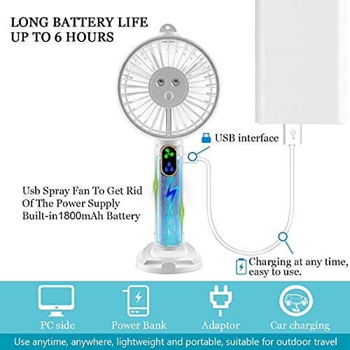 Handheld Spray Fan, HMCOF Portable Fan Rechargeable, USB Personal Fan with Mobile Phone Holder, 2000mAh 3-Speed Adjustable Cooling Spray Humidifier Suitable for Indoor and Outdoor Use