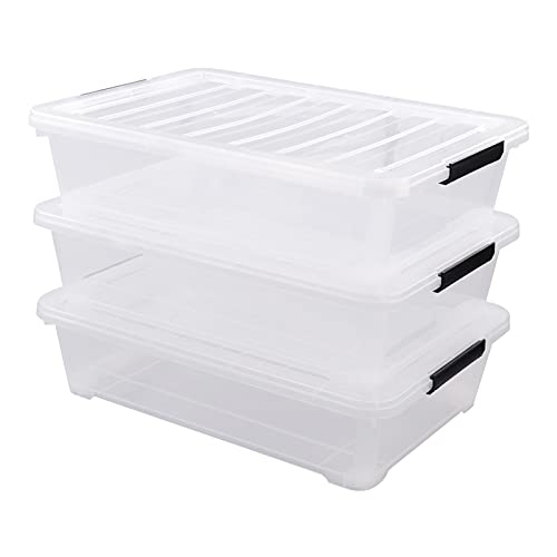 Buyitt 3 Packs 40 Quart Plastic Under Bed Storage Box, Large Wheels Storage Bin, Clear