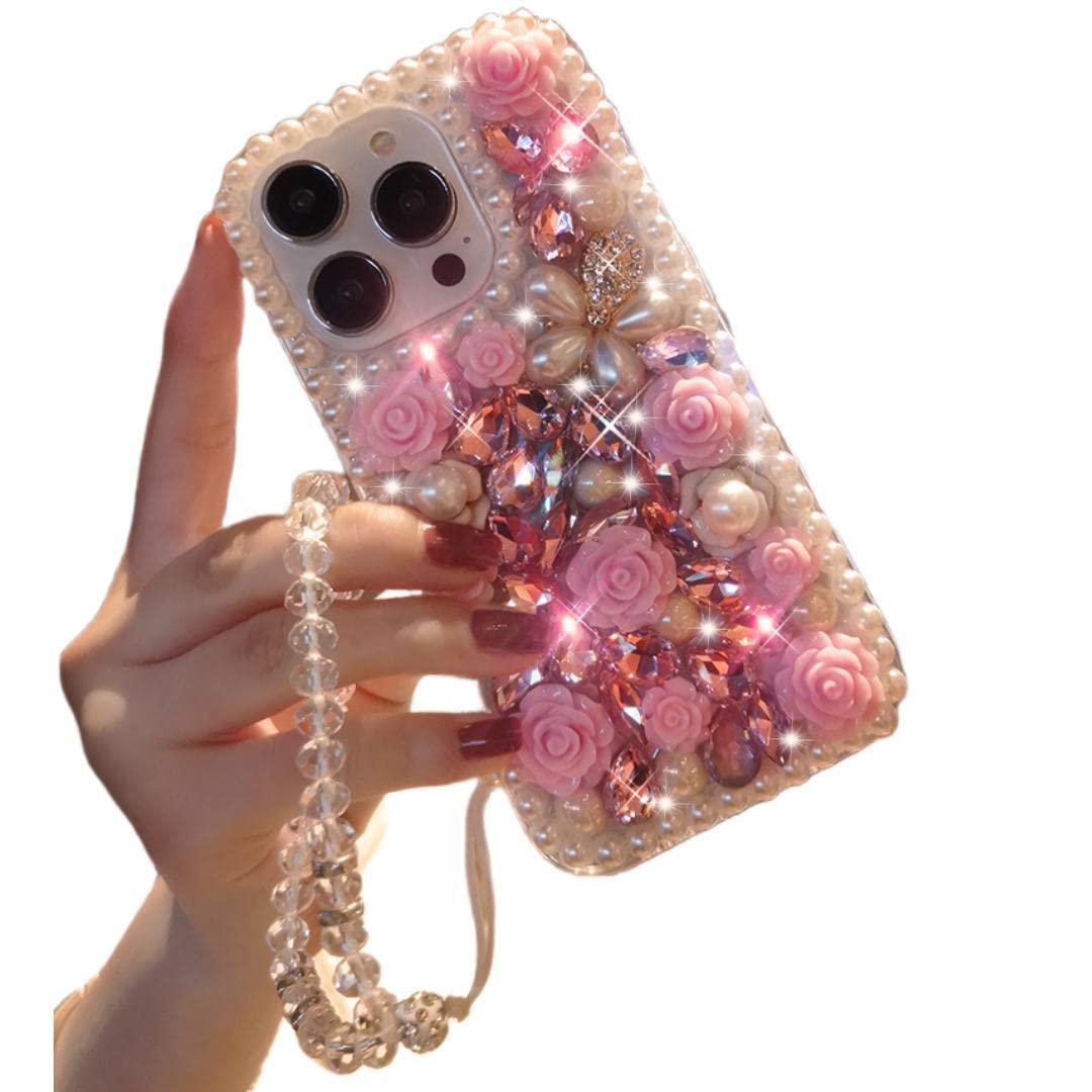 redecarie for Galaxy S9 Plus Case,Women Girls Luxury Fashionable Crystal Gemstone Roses Rhinestone Bling Glitter Diamond Bumper Clear Phone Cover with Wrist Strap for Samsung Galaxy S9 Plus