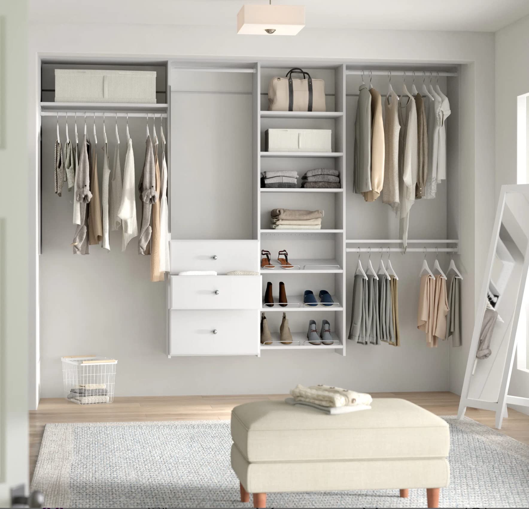 Dual Tower Closet Storage Wall Mounted Wardrobe Organizer Kit System with Shelves and Drawers for Bedroom in White with Hardware Wood Closet, Storage & Organization