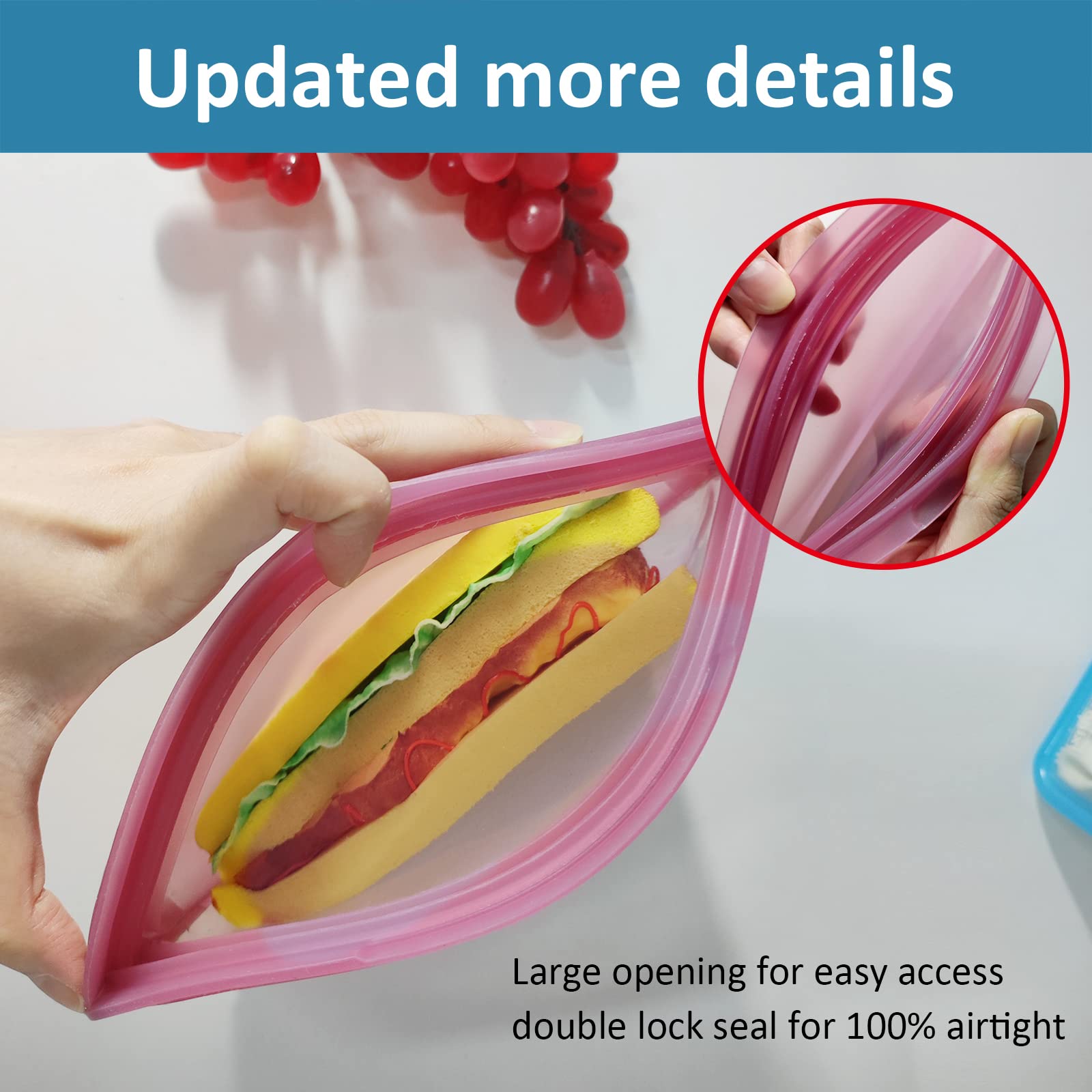 KVK Platinum Silicone Reusable Storage Bags - 5 Pack Food Meal Prep Container for Lunch, Travel, Makeup Bag - Oven Dishwasher Freezer Safe - Clear