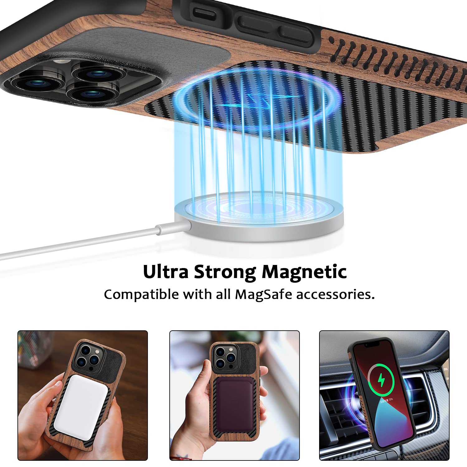 ZZDZZ Magnetic Case Compatible with iPhone 13 Pro Max Case [Compatible with MagSafe] Wood and Leather Carbon Fiber Design Hybrid Shockproof Phone Case (Black)