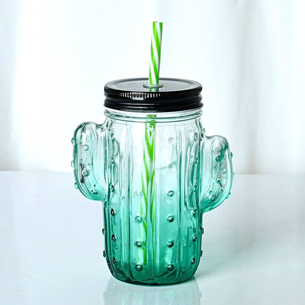 SEWACC 2 Sets Cactus Drinking Glasses Plant Shape Glass Straw Cup Creative Cute Shot Glasses Water Cups Iced Coffee Cup Wide Mouth Bubble Cups for Cocktail Beverage 400ML