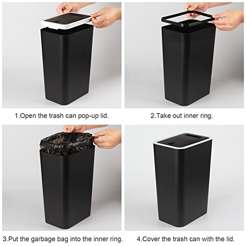 Bathroom Trash Cans with Lids - 3 Pack Kitchen Garbage Can 4 Gallons 2 PCS and 3 Gallons 1 PC with Pop Up Lid,Small Narrow Waste Basket for Bathroom Bedroom Living Room and Office(3 Pack,Black)