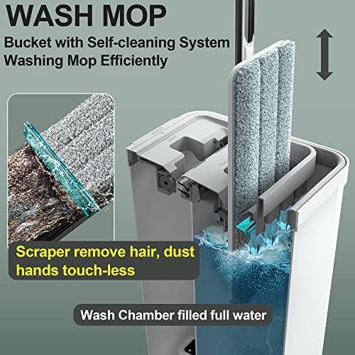 JOYMOOP Mop and Bucket with Wringer Set, Flat Floor Mop and Bucket, Mop for Floor Cleaning with 3 Microfiber Pads, Wet and Dry Use, Household Cleaning Tools, for Hardwood, Laminate, Tile