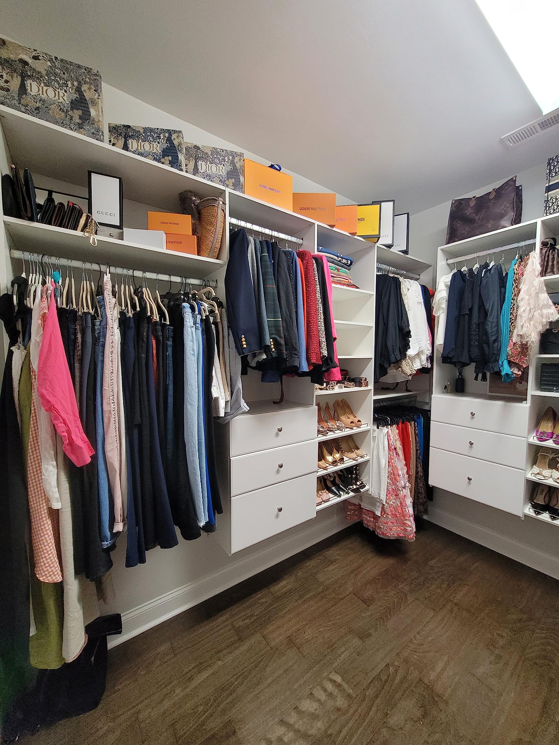 Dual Tower Closet Storage Wall Mounted Wardrobe Organizer Kit System with Shelves and Drawers for Bedroom in White with Hardware Wood Closet, Storage & Organization