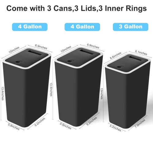 Bathroom Trash Cans with Lids - 3 Pack Kitchen Garbage Can 4 Gallons 2 PCS and 3 Gallons 1 PC with Pop Up Lid,Small Narrow Waste Basket for Bathroom Bedroom Living Room and Office(3 Pack,Black)