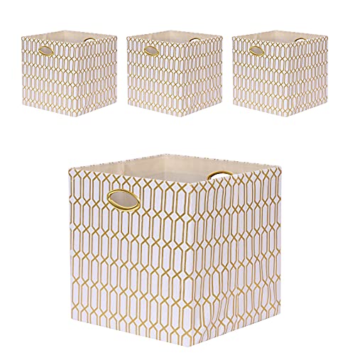 Fboxac Cube Storage Bins 13×13 Polyester Foldable Box with Handles, Collapsible Organization Basket Set of 4 Large Capacity Drawer for Closet Shelf Cabinet Bookcase Bedroom, White Gold
