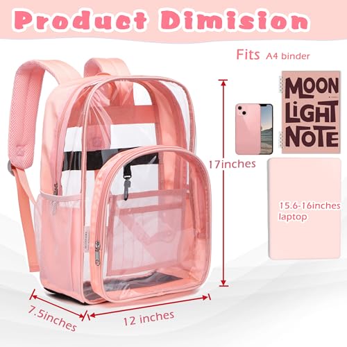 BLUEFAIRY Clear Backpack for School Stadium Approved Large PVC See Through Bag Heavy Duty Bookbag Transparent Plastic Bag for Kids Students Work Events 17" Pink