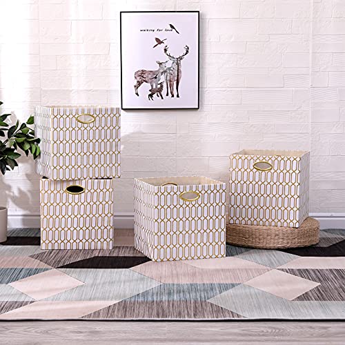 Fboxac Cube Storage Bins 13×13 Polyester Foldable Box with Handles, Collapsible Organization Basket Set of 4 Large Capacity Drawer for Closet Shelf Cabinet Bookcase Bedroom, White Gold