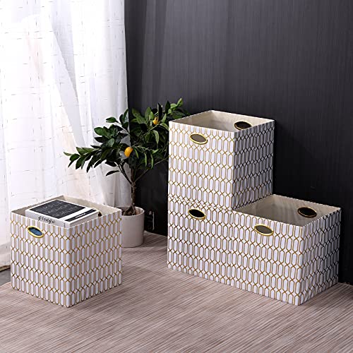 Fboxac Cube Storage Bins 13×13 Polyester Foldable Box with Handles, Collapsible Organization Basket Set of 4 Large Capacity Drawer for Closet Shelf Cabinet Bookcase Bedroom, White Gold