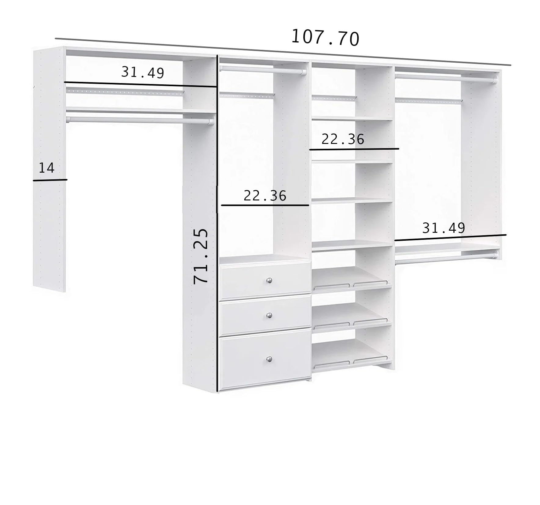 Dual Tower Closet Storage Wall Mounted Wardrobe Organizer Kit System with Shelves and Drawers for Bedroom in White with Hardware Wood Closet, Storage & Organization
