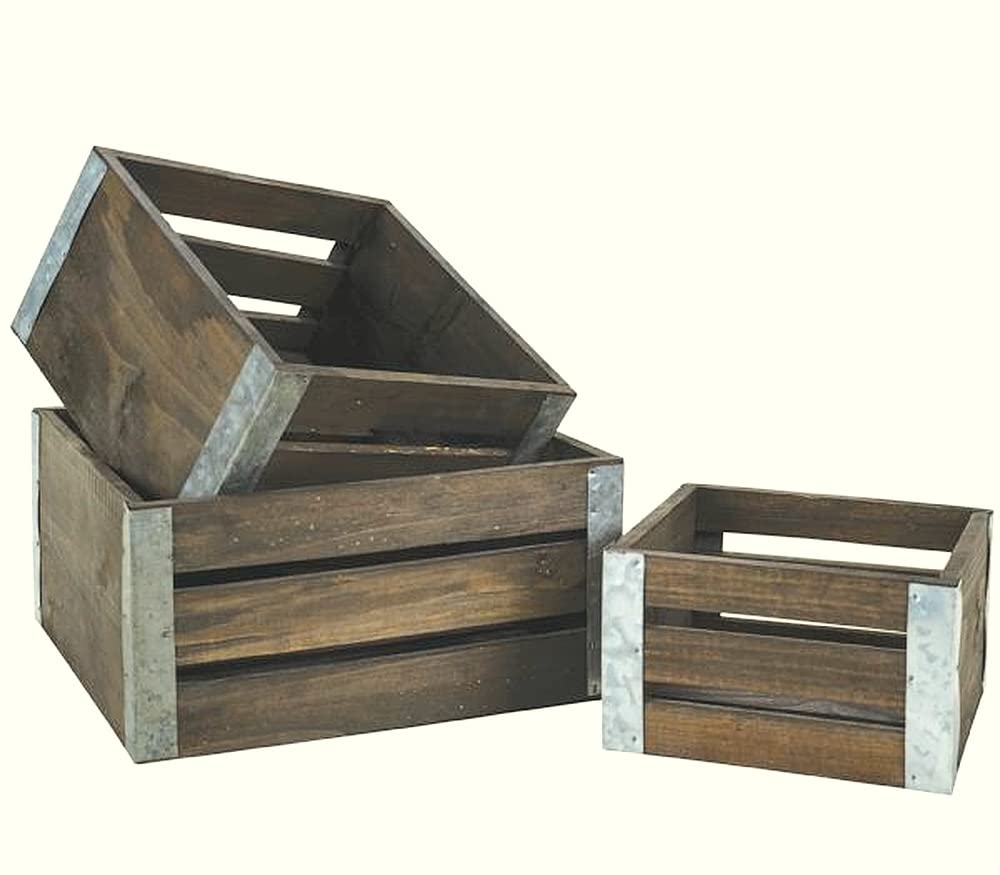 The Bridge Collection Rustic Wooden Crates with Metal Trim - Set of 3 - Decorative Storage Nesting Crates Wood - Square Apple Crates Organization Boxes for Home Decor