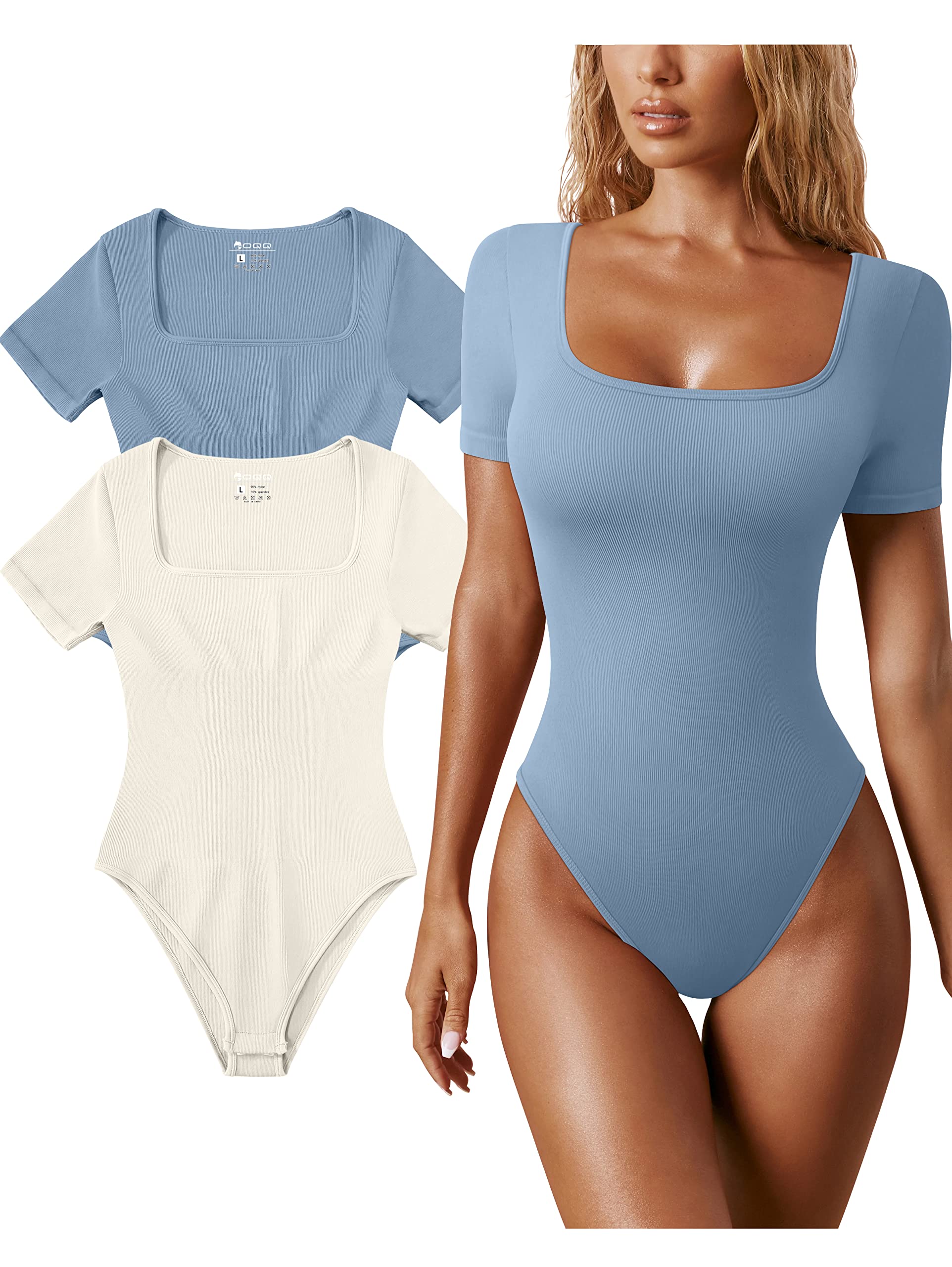 OQQ Women's 2 Piece Bodysuits Sexy Ribbed One Piece Square Neck Short Sleeve Bodysuits Blue Beige
