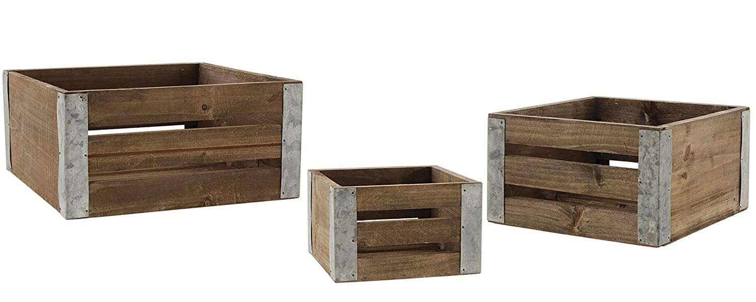 The Bridge Collection Rustic Wooden Crates with Metal Trim - Set of 3 - Decorative Storage Nesting Crates Wood - Square Apple Crates Organization Boxes for Home Decor
