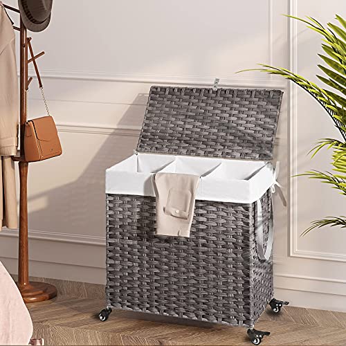 Greenstell Laundry Hamper with Wheels&Lid, 125L Large 3 Sections Clothes Hamper with 2 Removable Liner Bags, 5 Mesh Laundry Bags, Handwoven Divided Laundry Basket Gray