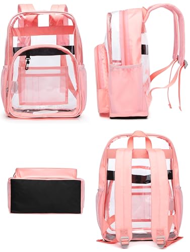 BLUEFAIRY Clear Backpack for School Stadium Approved Large PVC See Through Bag Heavy Duty Bookbag Transparent Plastic Bag for Kids Students Work Events 17" Pink