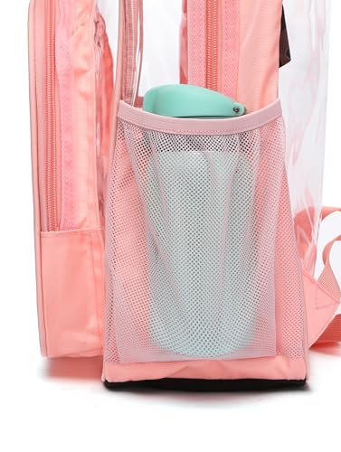 BLUEFAIRY Clear Backpack for School Stadium Approved Large PVC See Through Bag Heavy Duty Bookbag Transparent Plastic Bag for Kids Students Work Events 17" Pink