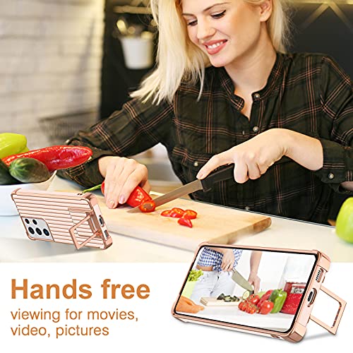 PTUONIU Kickstand Case for Samsung Galaxy S21 Ultra, [Two-Way Stand] [Reinforced Drop Protection] [Anti-Scratch] Slim Shockproof Stand Case with Camera Protector+Strap for Samsung S21 Ultra-Rose Gold
