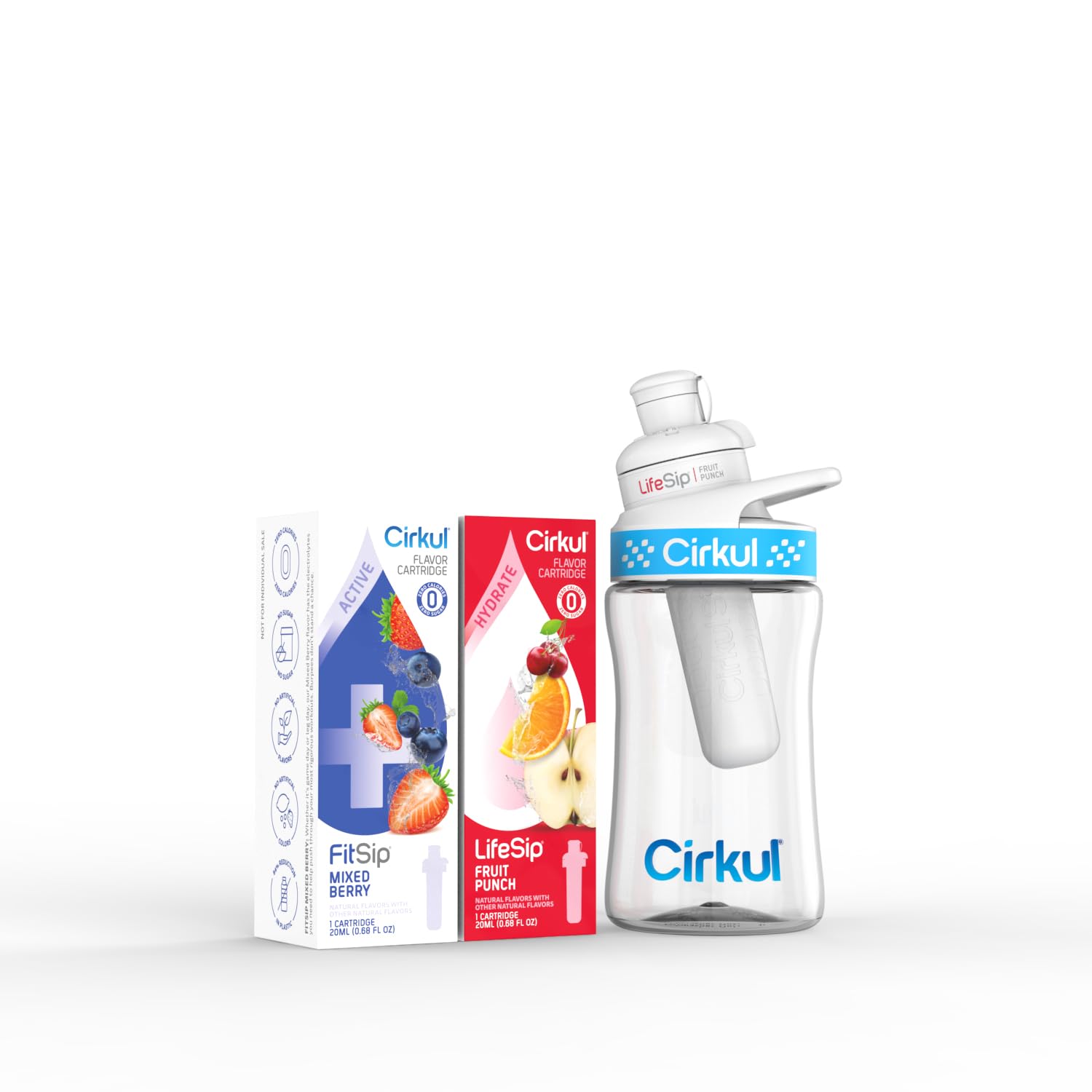 Cirkul 12oz BPA-Free Plastic Water Bottle Starter Kit for Kids with Blue Lid, 2 Flavor Cartridges (1 LifeSip Fruit Punch, 1 FitSip Mixed Berry)
