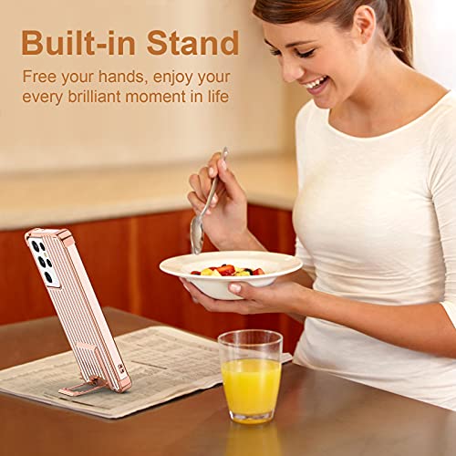 PTUONIU Kickstand Case for Samsung Galaxy S21 Ultra, [Two-Way Stand] [Reinforced Drop Protection] [Anti-Scratch] Slim Shockproof Stand Case with Camera Protector+Strap for Samsung S21 Ultra-Rose Gold
