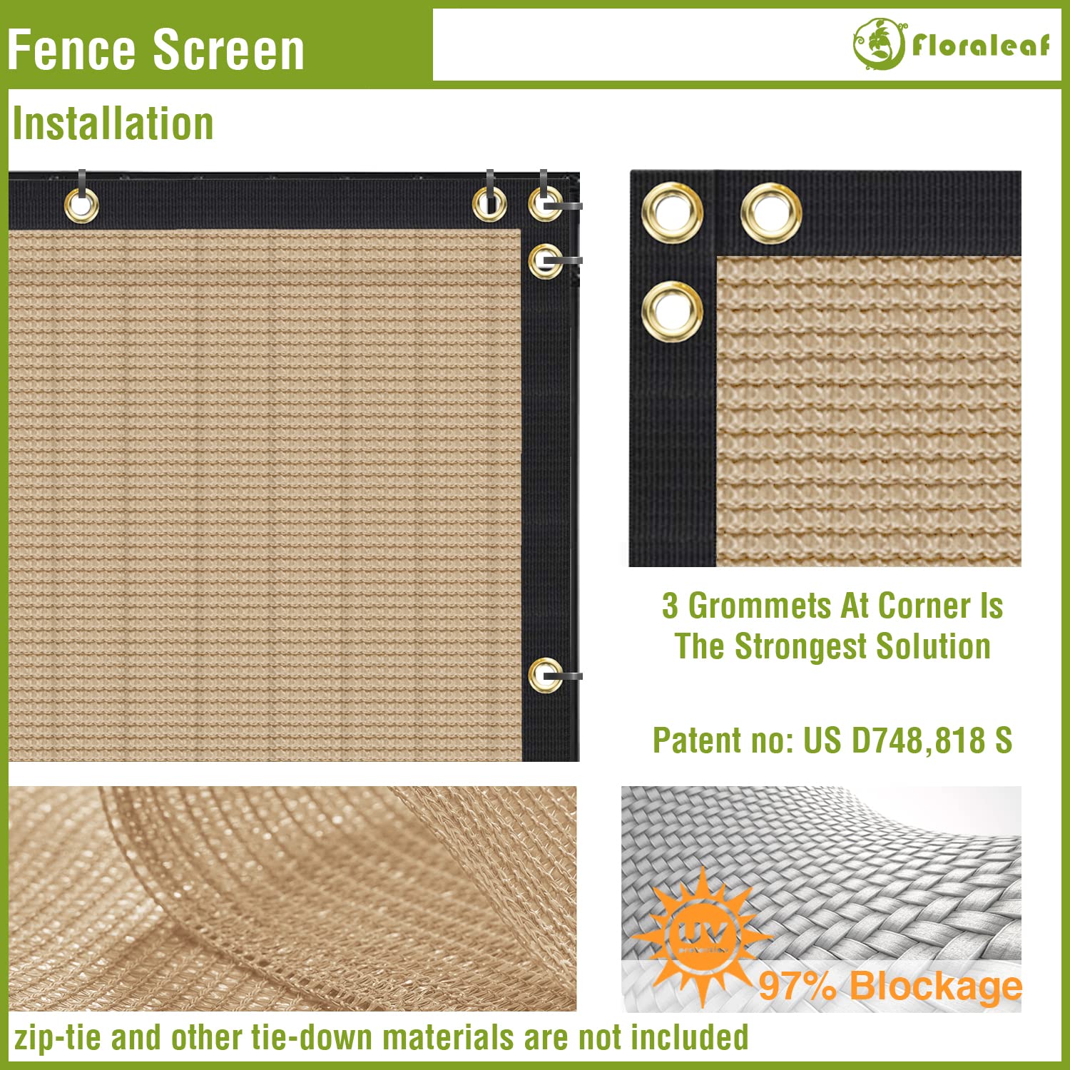 FLORALEAF Privacy Screen Fence Windscreen Mesh Shade Net Cover Heavy Duty Fencing 97% Blockage for Outdoor Wall Garden Yard Backyard Sand 4'x28'