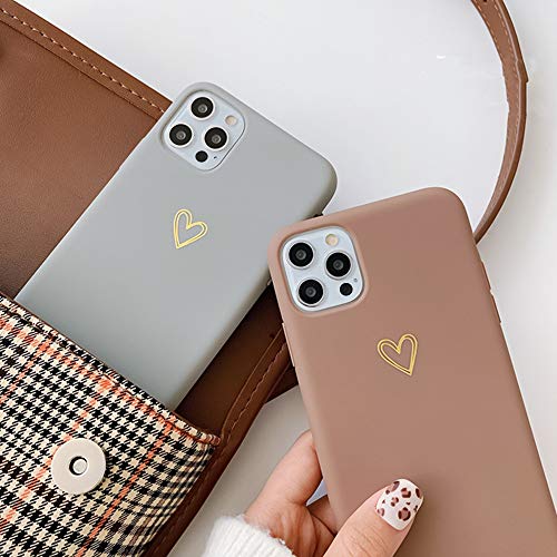 Ownest Compatible for iPhone 12 Case, 12 Pro Case for Soft Liquid Silicone Heart Pattern Slim Protective Shockproof Case for Women Girls for iPhone 12/12 Pro-Brown