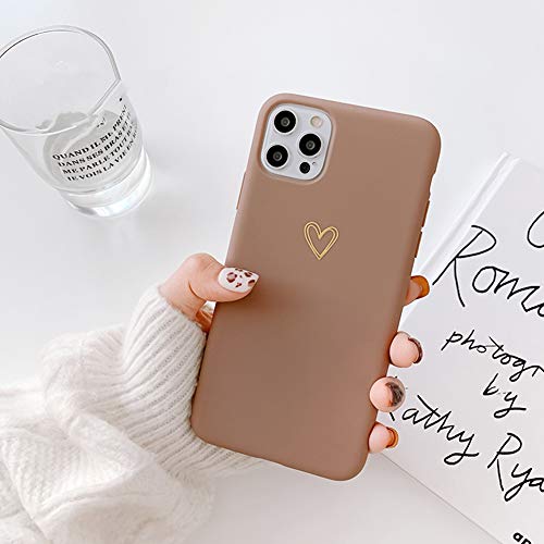 Ownest Compatible for iPhone 12 Case, 12 Pro Case for Soft Liquid Silicone Heart Pattern Slim Protective Shockproof Case for Women Girls for iPhone 12/12 Pro-Brown
