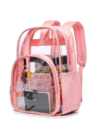 BLUEFAIRY Clear Backpack for School Stadium Approved Large PVC See Through Bag Heavy Duty Bookbag Transparent Plastic Bag for Kids Students Work Events 17" Pink