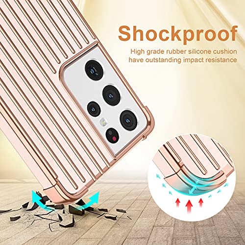 PTUONIU Kickstand Case for Samsung Galaxy S21 Ultra, [Two-Way Stand] [Reinforced Drop Protection] [Anti-Scratch] Slim Shockproof Stand Case with Camera Protector+Strap for Samsung S21 Ultra-Rose Gold
