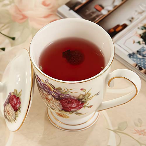 Ceramic Mug, Tea Mugs for Women,China Tea Cup with Lid, Flower Tea Cup, Suitable for Making Tea, Cold Drinks, Hot Drinks, Coffee, Etc, 10oz (about 300ml)