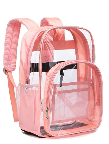 BLUEFAIRY Clear Backpack for School Stadium Approved Large PVC See Through Bag Heavy Duty Bookbag Transparent Plastic Bag for Kids Students Work Events 17" Pink
