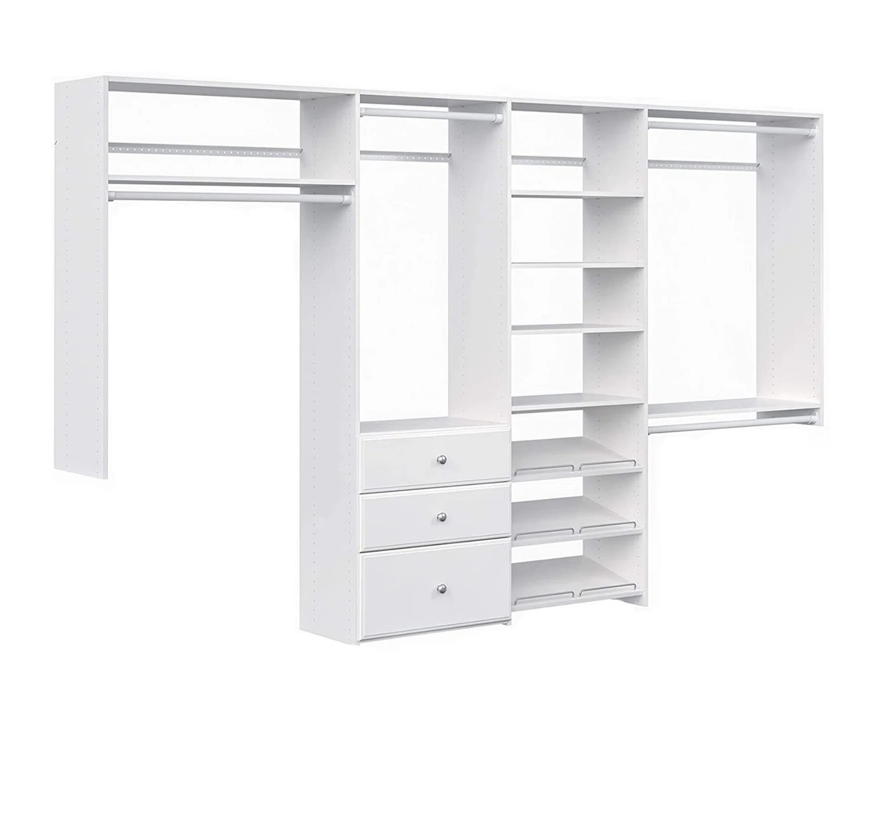 Dual Tower Closet Storage Wall Mounted Wardrobe Organizer Kit System with Shelves and Drawers for Bedroom in White with Hardware Wood Closet, Storage & Organization